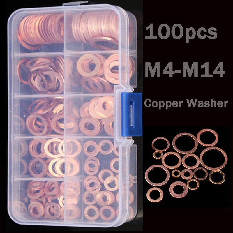 100Pcs Copper Washer Gasket Nut And Bolt Set Flat Ring Seal Assortment ...