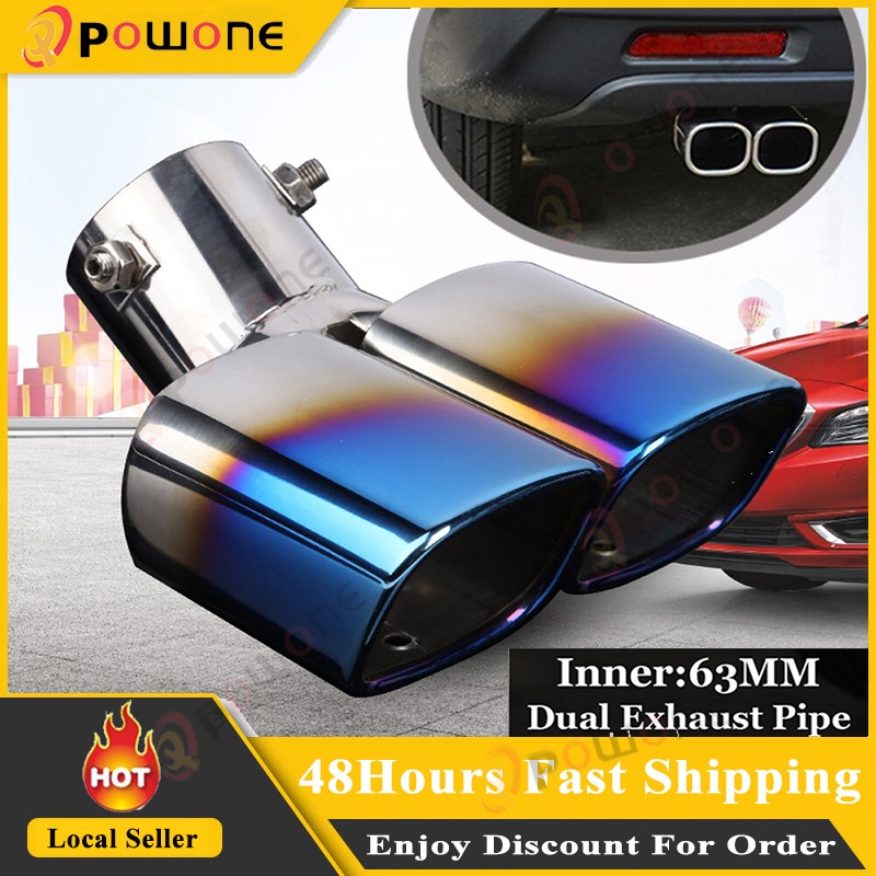 Powone 63mm Car Dual Inlet Rear Exhaust Muffler Pipe Tip Auto Stainless ...