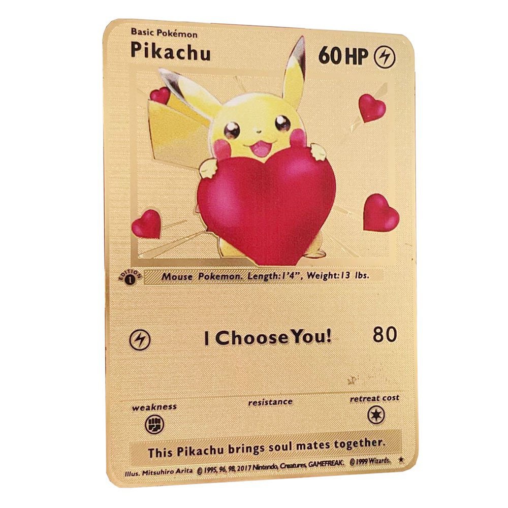 Cute Red heart Pikachu Golden Pokemon Cards in English Iron Metal Pokmo ...