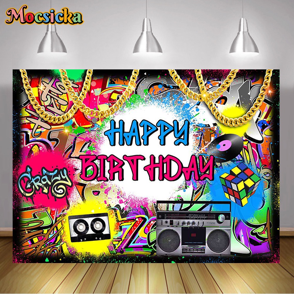 Hip Hop Happy Birthday Backdrop Gold Chain Cartridge Tape Recorder Disc ...
