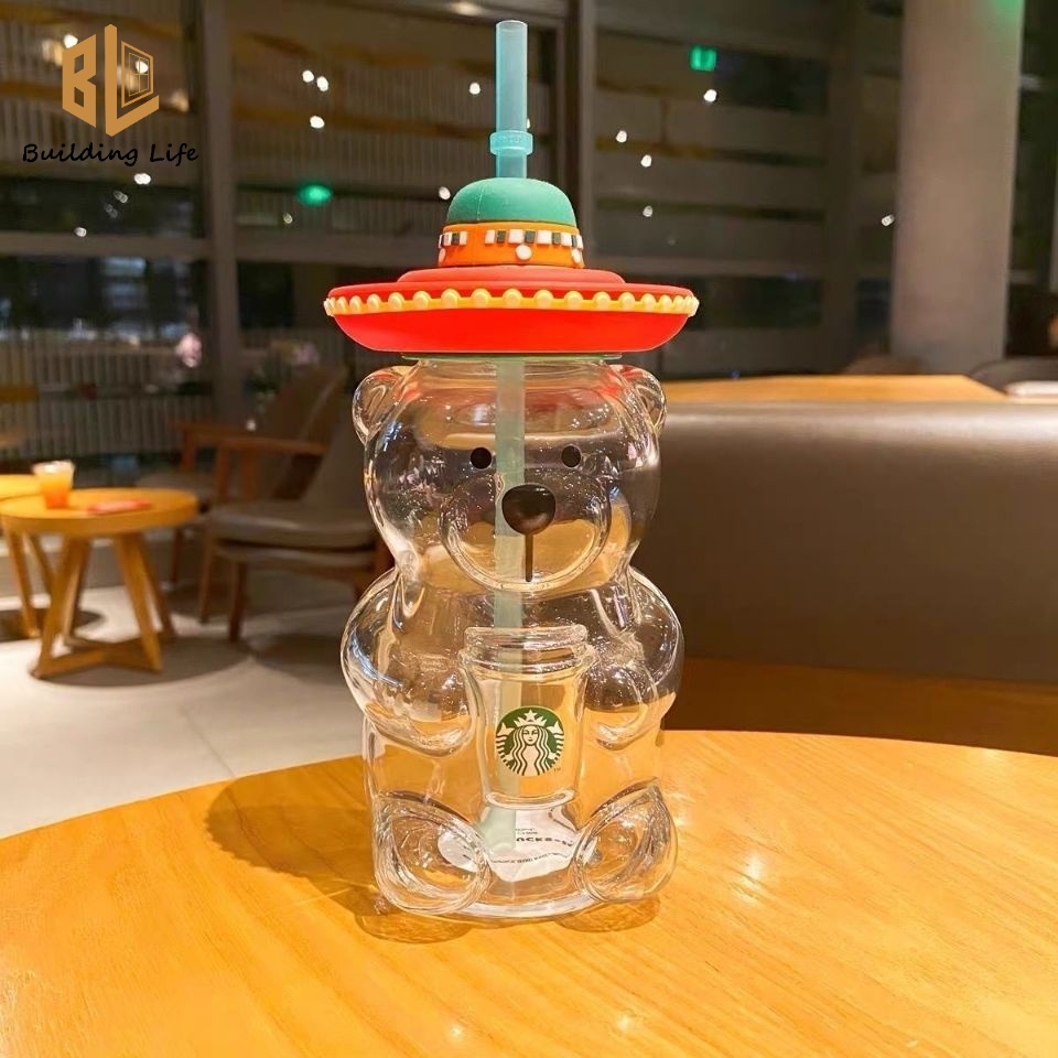 Starbucks Bear Glass Straw Cup 503ml Transparent Starbucks Cup with ...