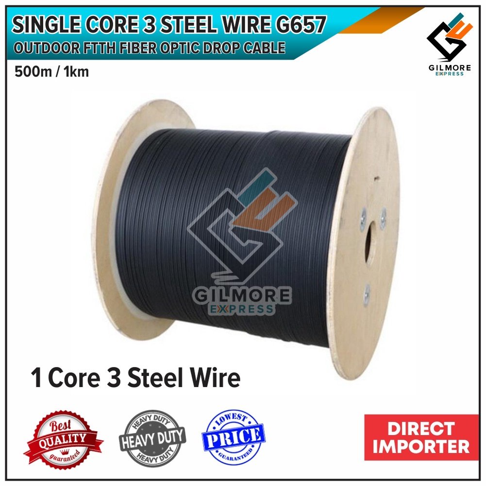500m / 1KM 1 Core 3 Steel Wire Outdoor G657 FTTH Fiber Optic Drop Wire ...