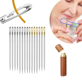 Self Threading Sewing Needles with Wood Needle Case / Large Eye Sharp ...