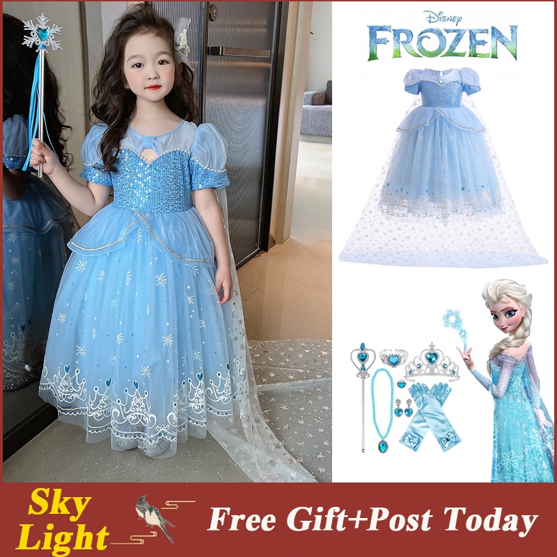 Frozen Elsa Blue Dress For Kids Girl Mesh Short Sleeve Girls Gown Cape ...