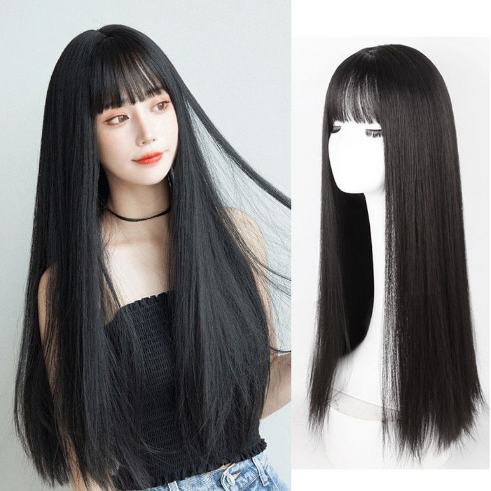 YOUJ 60cm Long Straight Hair Wig with Bangs Women Natural Hair Clip in ...