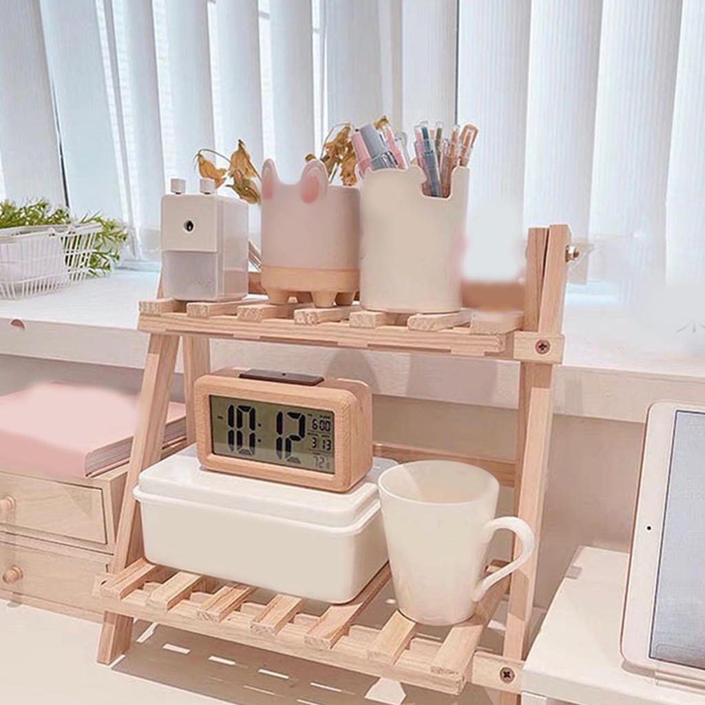 Desktop Organizer Rack 2 Tiers Wood Book Shelf Decorative Countertop ...