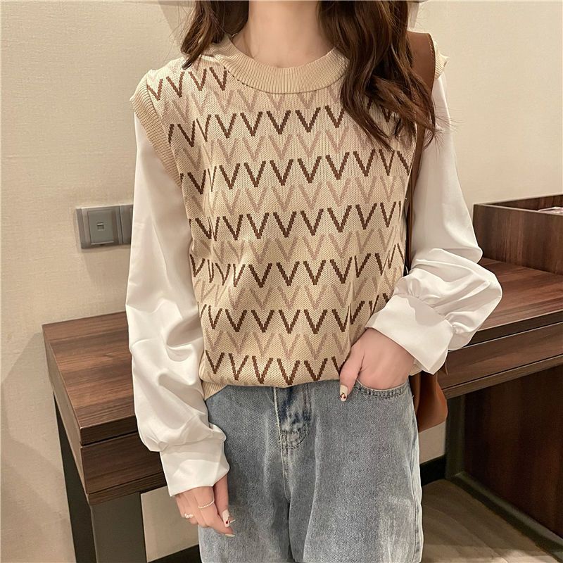 Women's Korean-Style Sweater New round Neck Stitching Puff Sleeve Fake ...