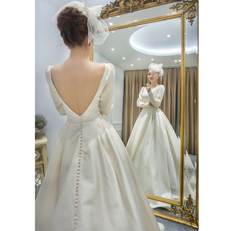 Satin Wedding Dress Long Sleeve White Tugtail Back Simple Atmosphere ...