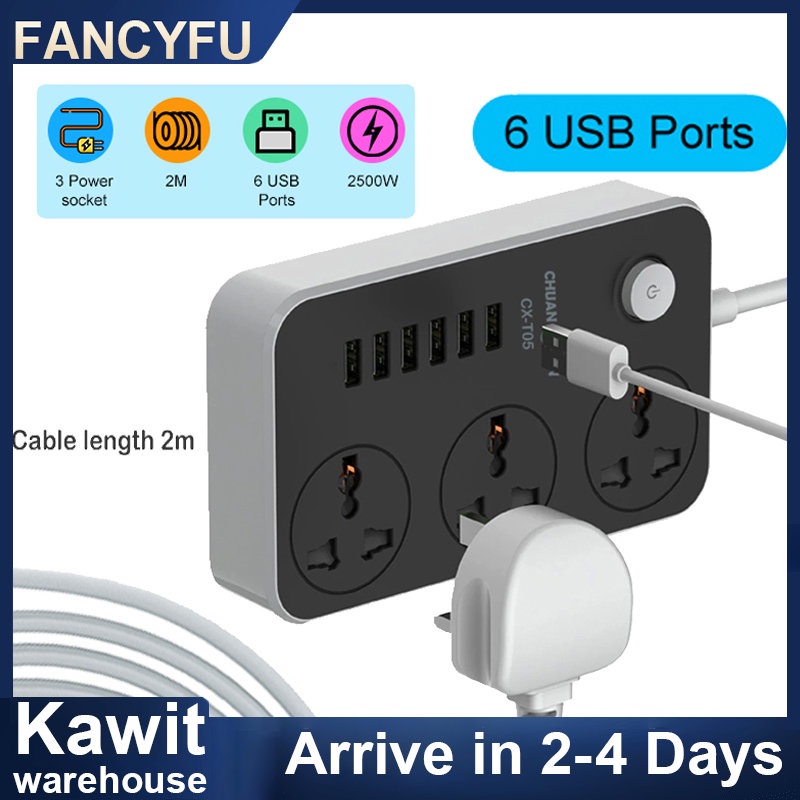 TO5 US Power Strip 2m 6 USB Ports 3 Hole Socket 5V/3A Plug Socket ...