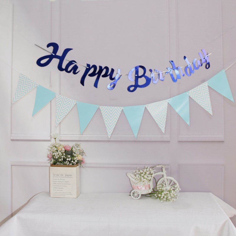 Happy Birthday Banner Flags Set With LED String Light Wall Background ...
