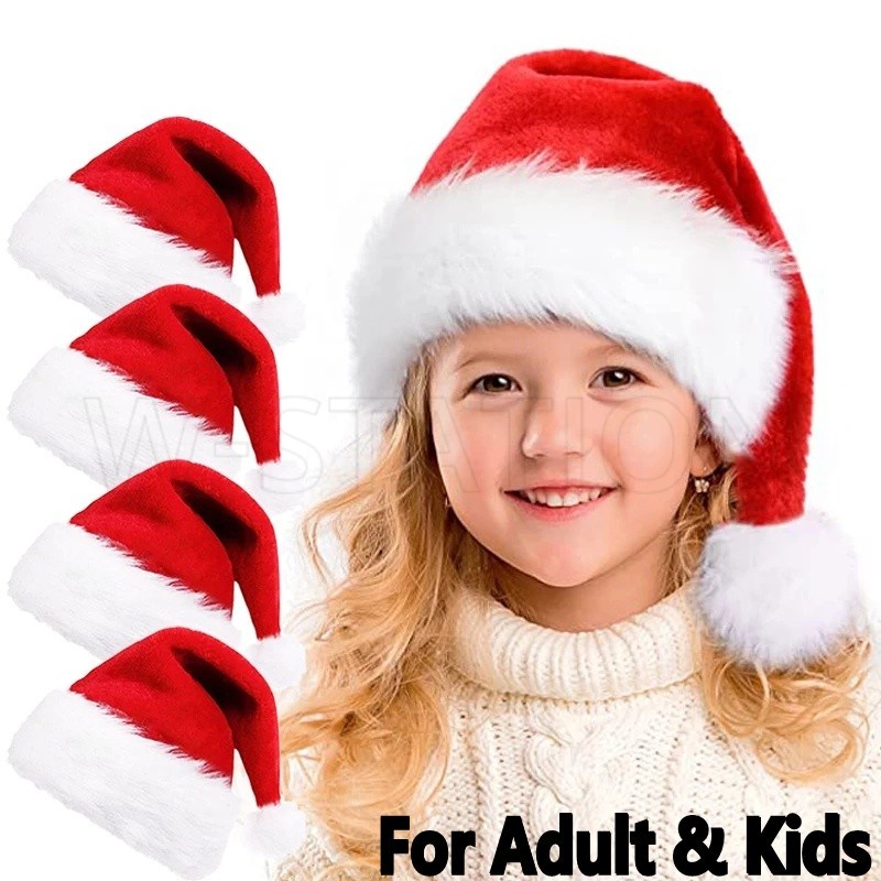 1/10Pcs Red Christmas Hat for Adult Kids Plush Santa Claus Xmas Hat Cap ...