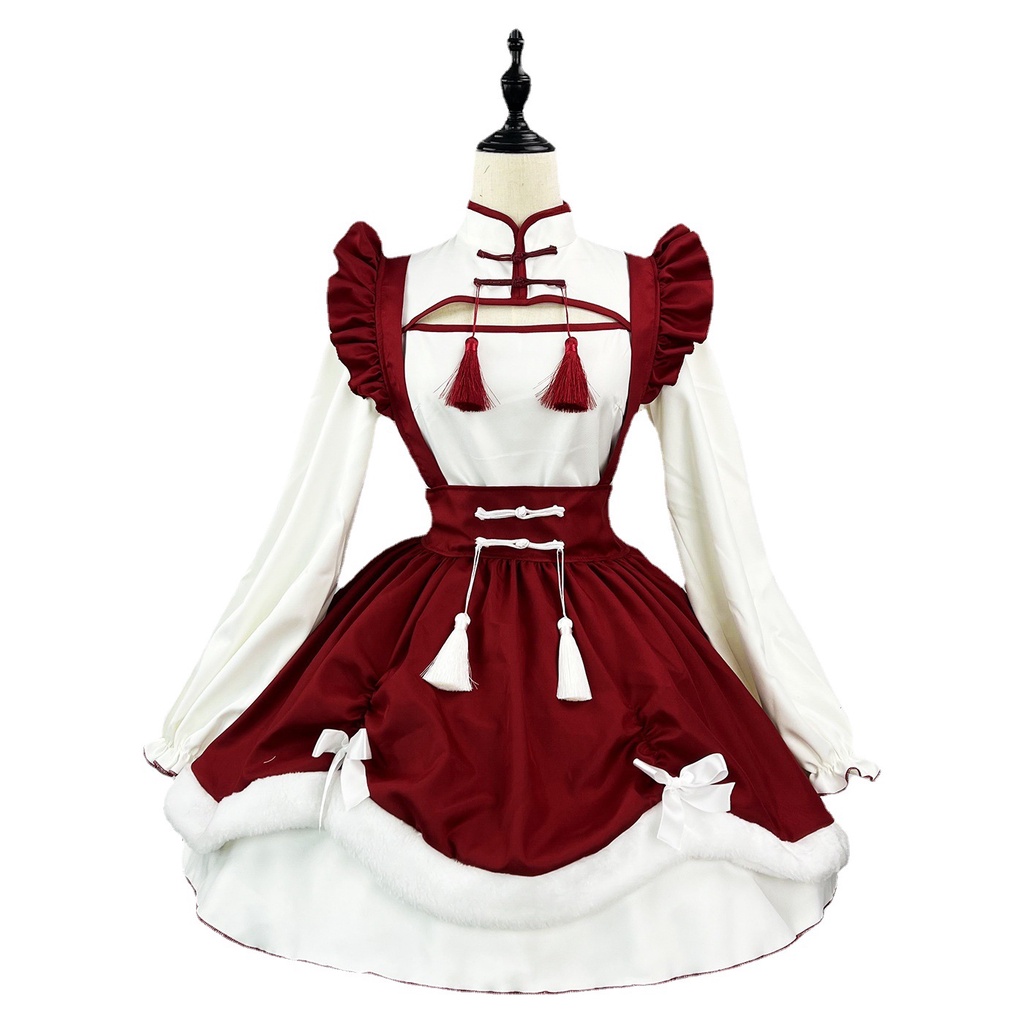 Women Lolita Maid Cosplay Costume Anime Kawaii Red Maid Long Sleeve ...