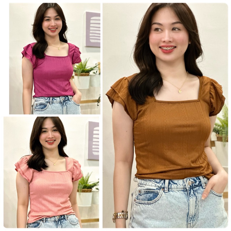 YAREE.CO Tanya High Quality double ruffles sleeves texturized knit top ...
