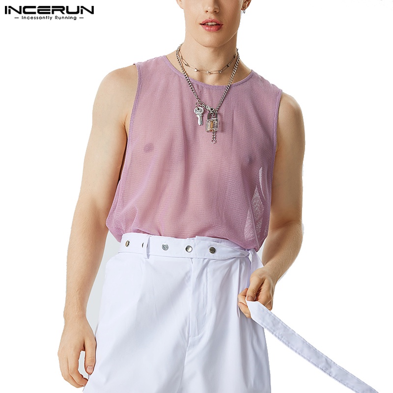 INCERUN Men's Beach Style Mesh Round Neck Sleeveless Tank Top | Shopee ...
