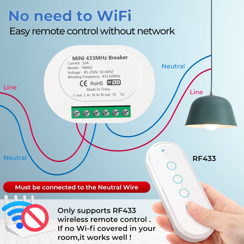 ROVF 16A Smart Switch Wireless Remote 2 Way Light Electrical 433MHZ RF ...