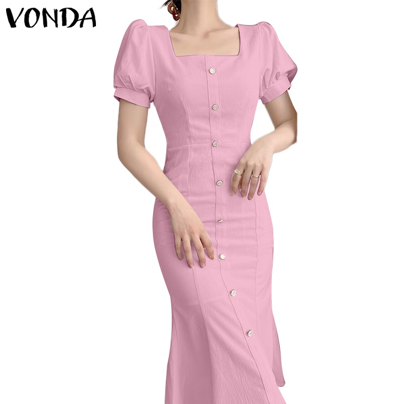 Vonda Women Korean Casual Square Neck Button Short Sleeve Solid Dress