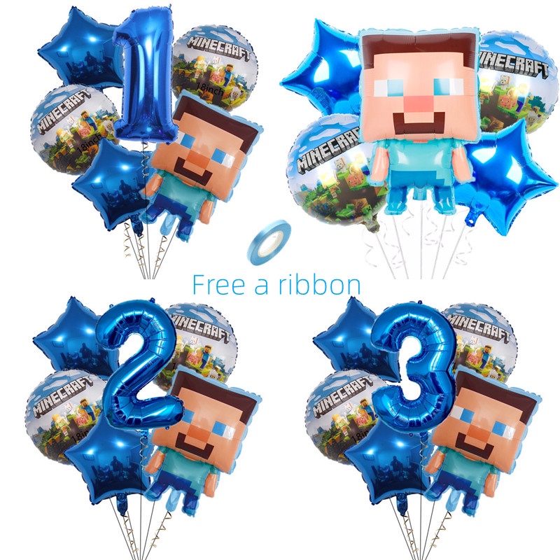 7pcs/set Minecraft Theme Balloon 32inch Blue Number Baloon Kids ...