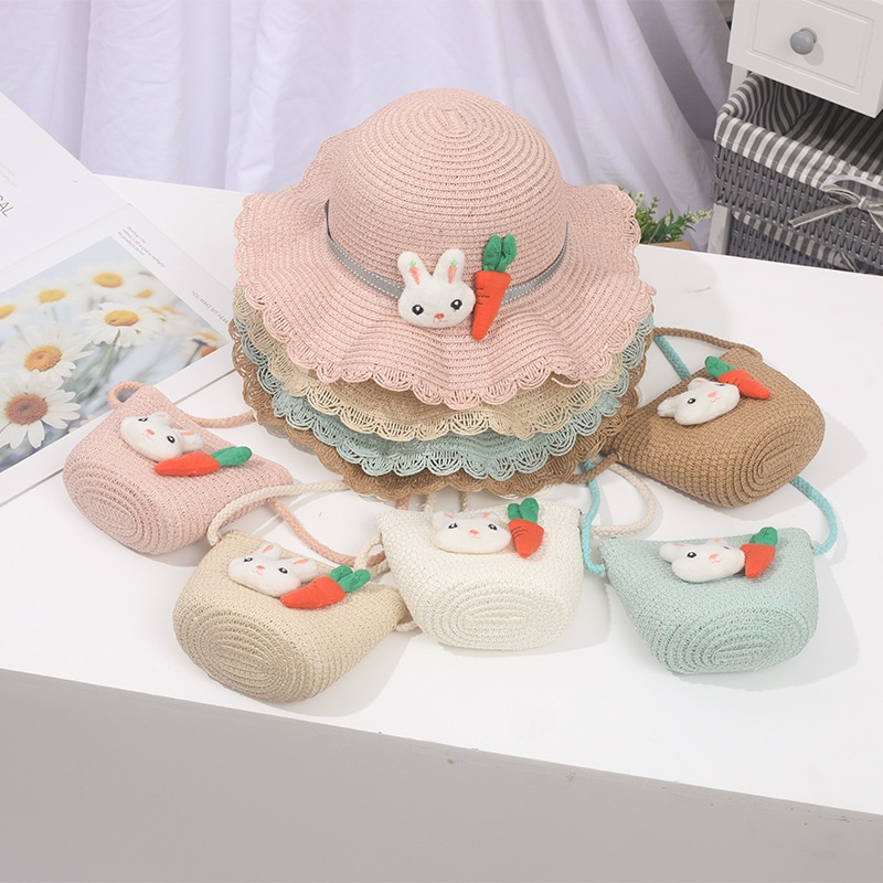 Wavy Edge Children's Straw Hat Summer Girls' Beach Hat Sun Hat Bag Set ...