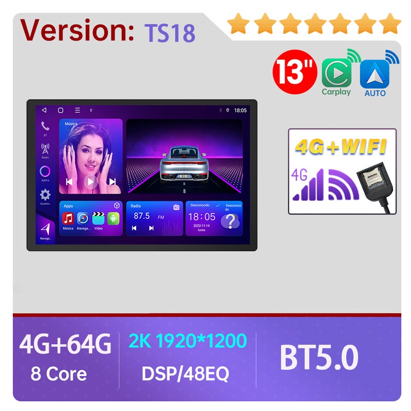 【13inch QLED 2K Screen】Car Head Unit [8 Core 4G+64G] Bluetooth Android Car Stereo 7/9/10inch ...