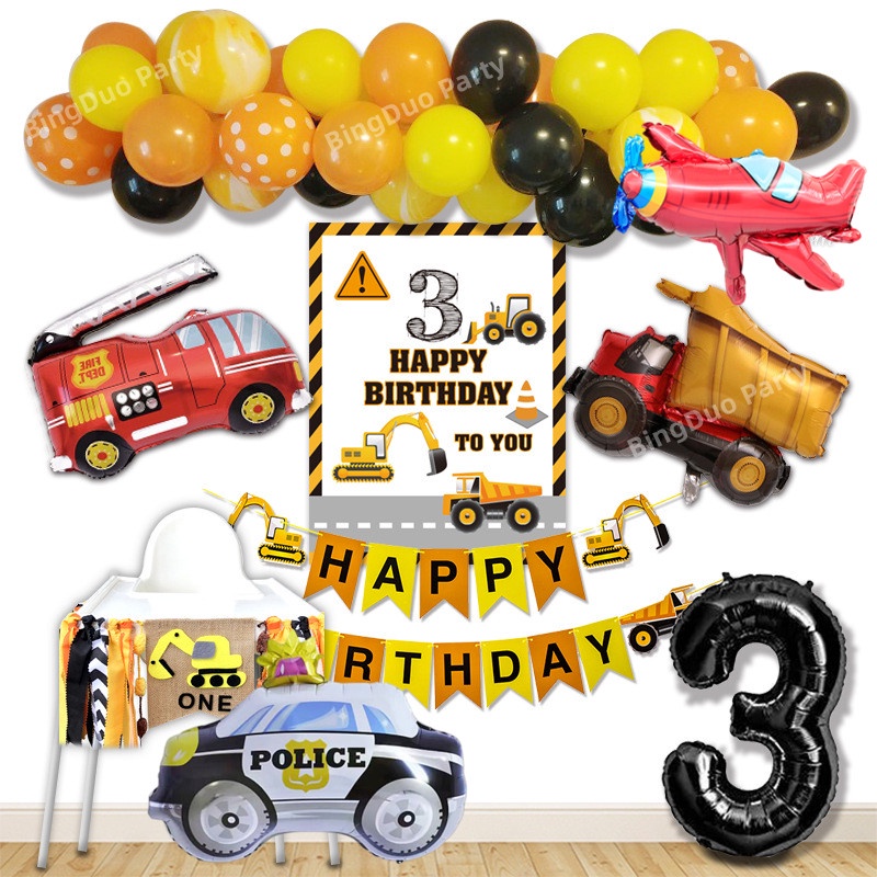 Set Construction Theme Party Mini Truck Police Car Plane Foil Balloon ...