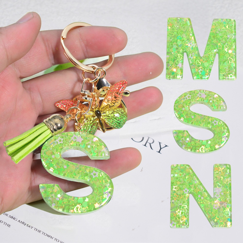 Glitter Green 26 Letter Resin Keychain Fashion Sequin Filled A-Z ...