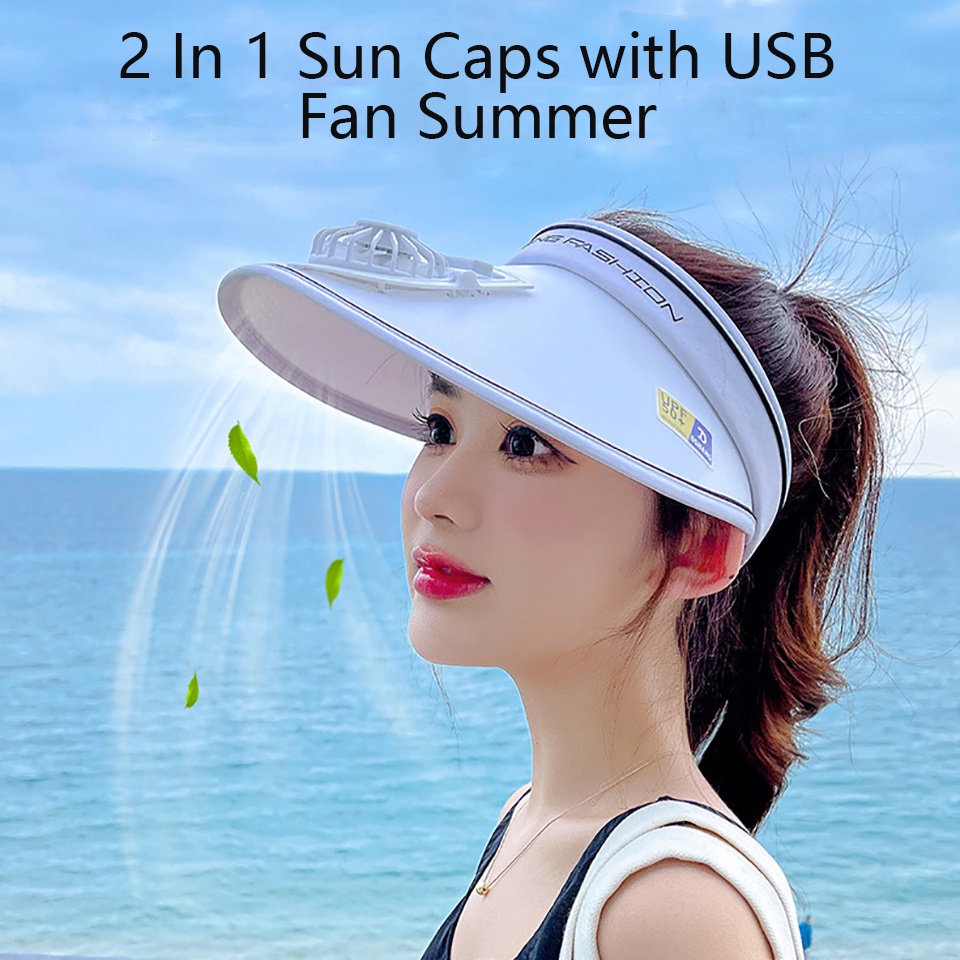 2 In 1 Sun Caps with USB Fan Summer UV Protection Visor Women Beach Hat ...