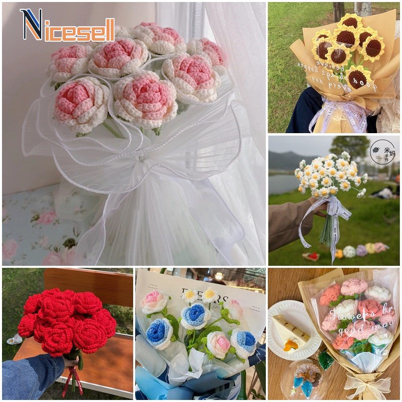3pcs Rose Flower Crochet Bouquet Daisy Artificial Flowers DIY Sunflower ...