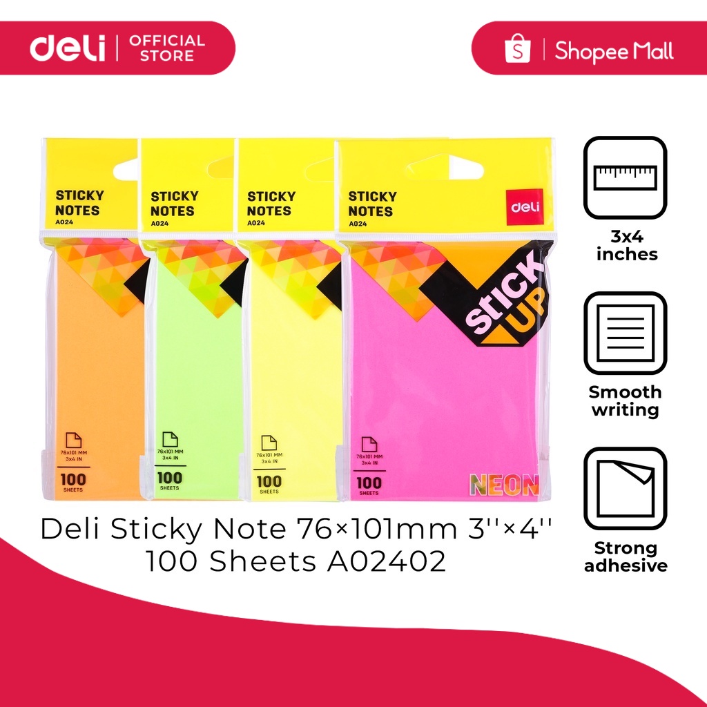 Deli A02402 Sticky Note 3x4in 100 Sheets 1pc | Shopee Philippines