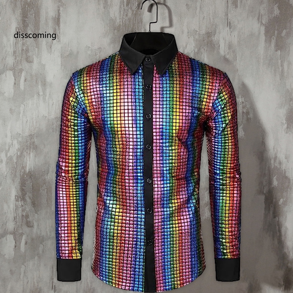 SL| Men Disco Shirt Retro Button Design Men Shirt Sparkling Sequin Men ...