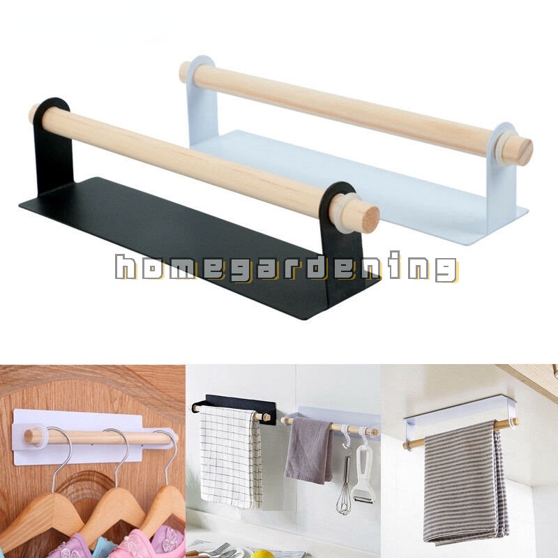 Kitchen Wooden Self-adhesive Roll Paper Holder Towel Rack Tissue Hanger ...