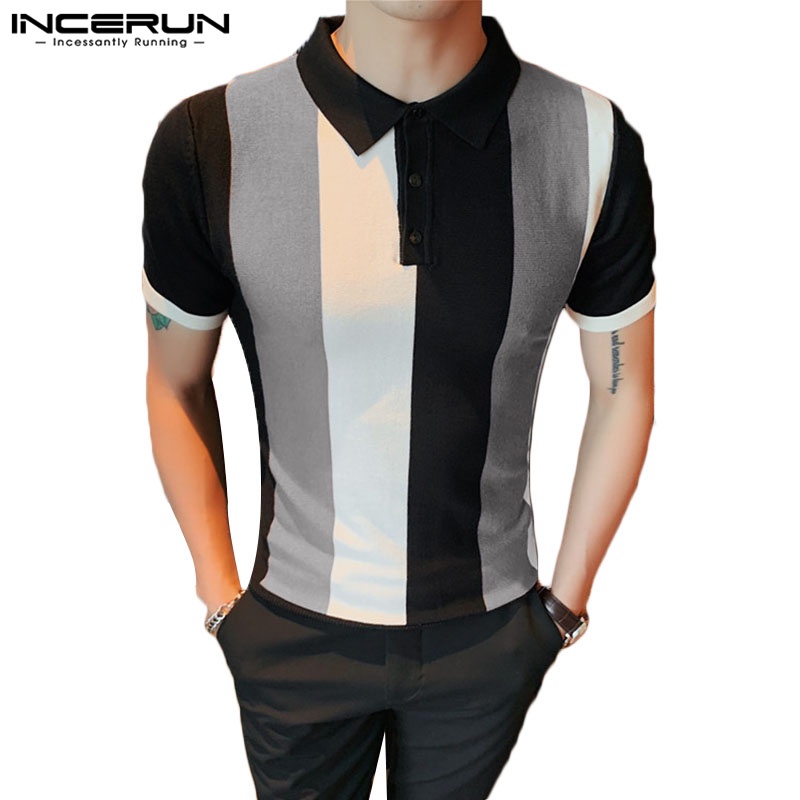 INCERUN Wide Panel Contrast Printed Short Sleeve Knitted Polo Top POLO ...