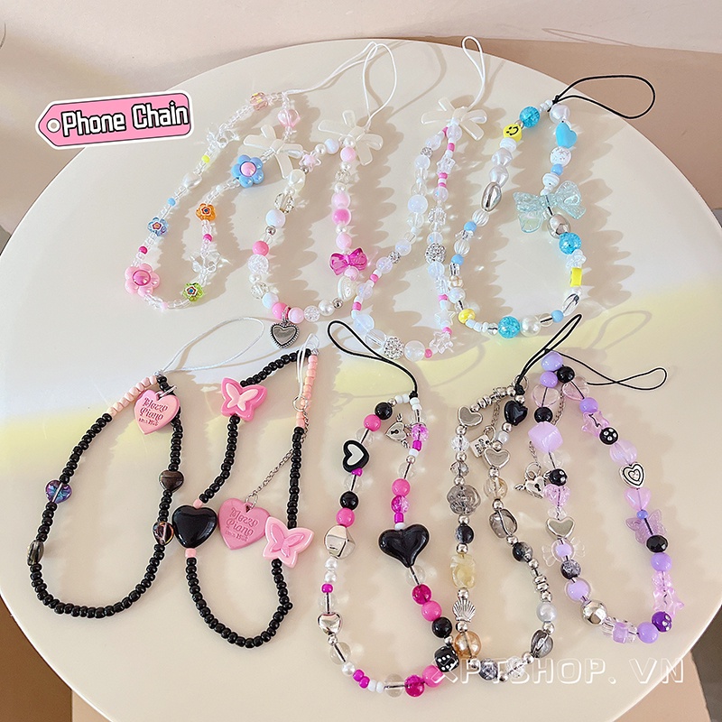 Fashion Pink Love Heart Butterfly Flower Beads Chain Universal Mobile ...