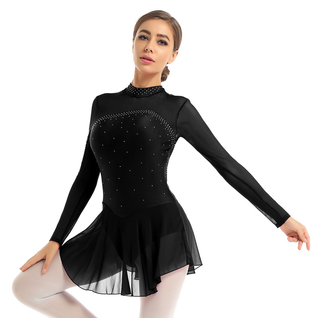 Women Figure Ice Skating Clothes Shiny Rhinestones Sheer Mesh Long ...