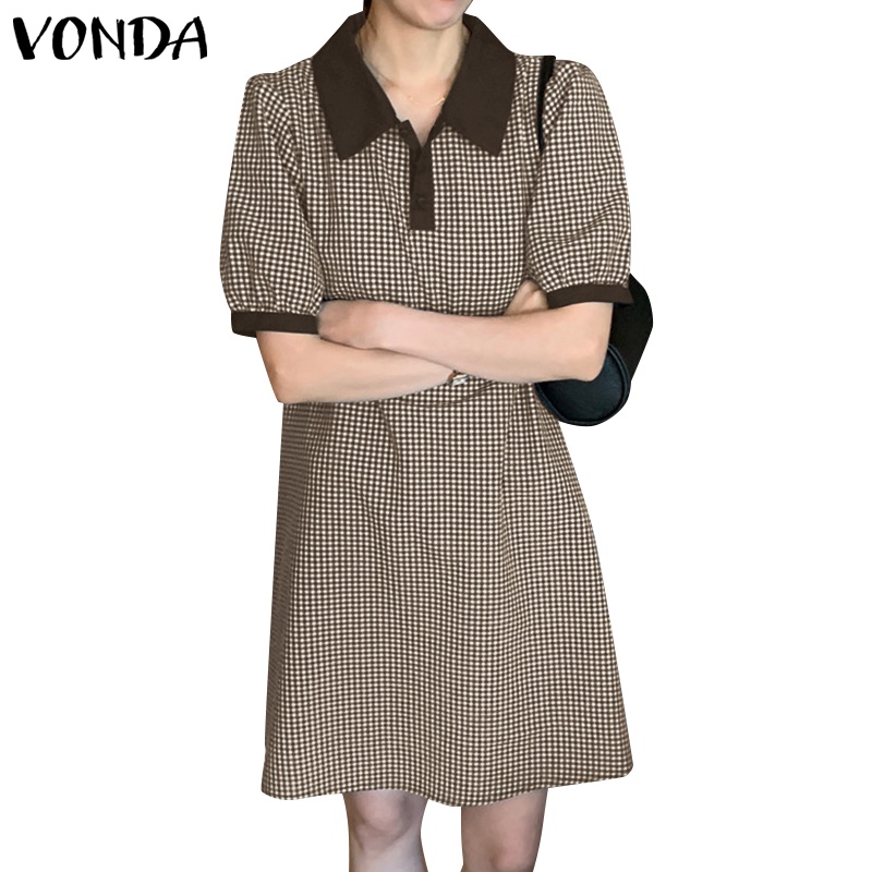 Vonda Women Korean Shirt Lapel Short Sleeve Plaid H-Line Puff Dress ... Vonda Women Korean Shirt Lapel Short Sleeve Plaid H-Line Puff Dress ...
