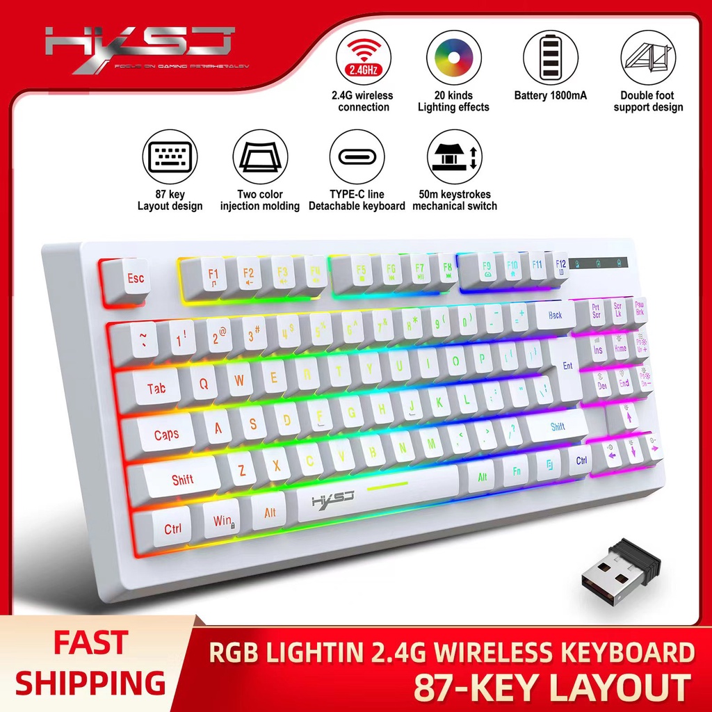 2.4G Wireless Rechargeable Gaming Keyboard RGB Backlit Ergonomics 87 ...