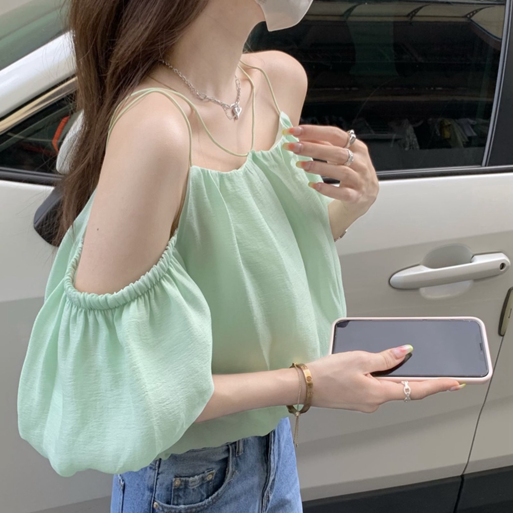 Women's Summer off-Shoulder Puffy Strapless Sling Top Lantern Sleeve ...