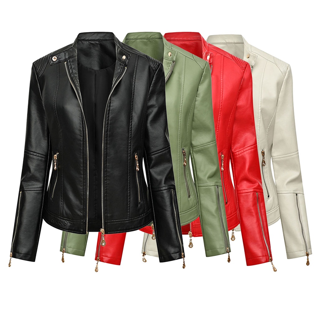 PMS_ Lady Jacket Solis Color Faux Leather Windproof Slim Lady Coat for ...