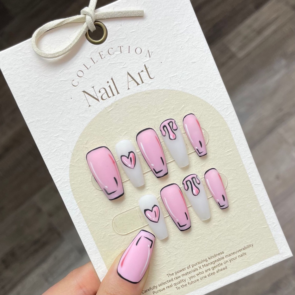 [HANDMADE]Artificial Nail Hand Drawn Anime Style Simple Cute Pink Nails ...