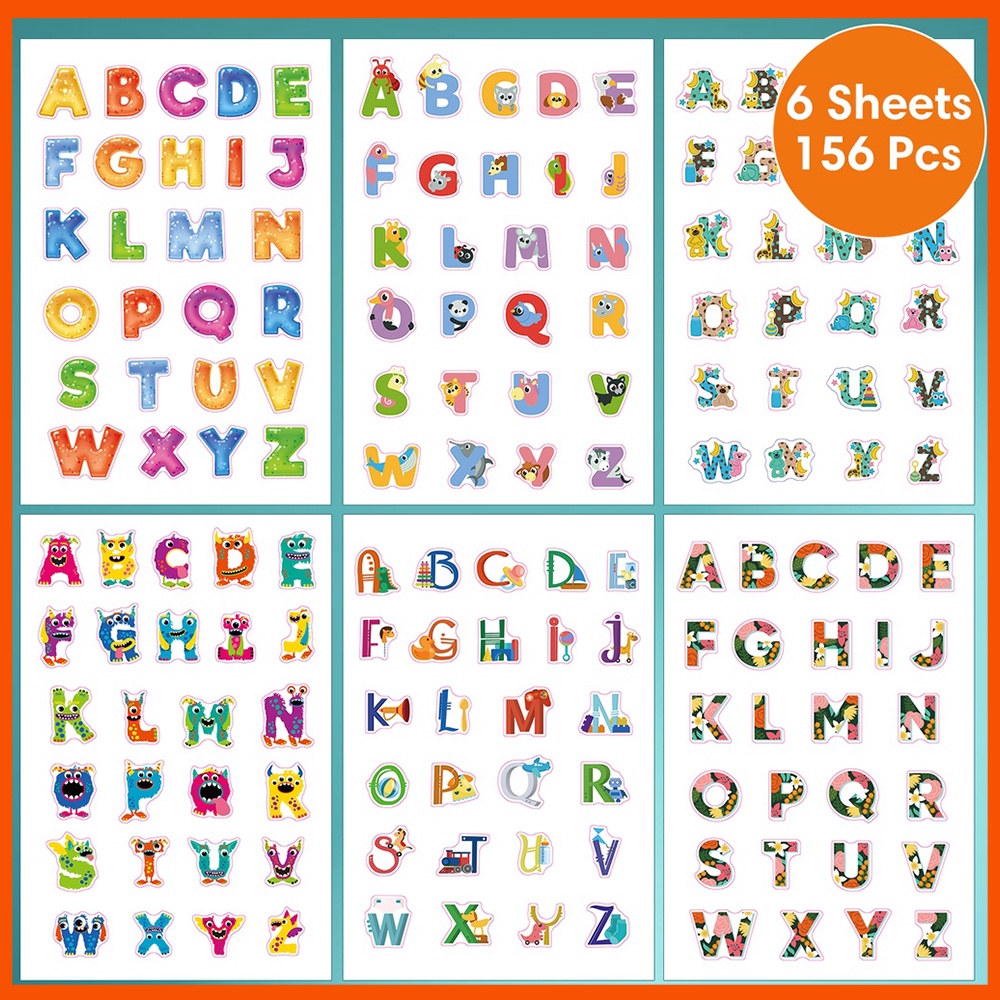 156Pcs/6 Sheets Creative Cute English Alphabet Stickers for Kids ...