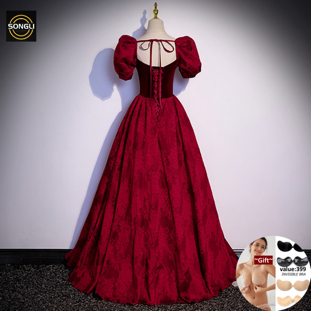 French Puff Sleeve Red Gown Evening Dress Ball Gown Bridal New Summer ...