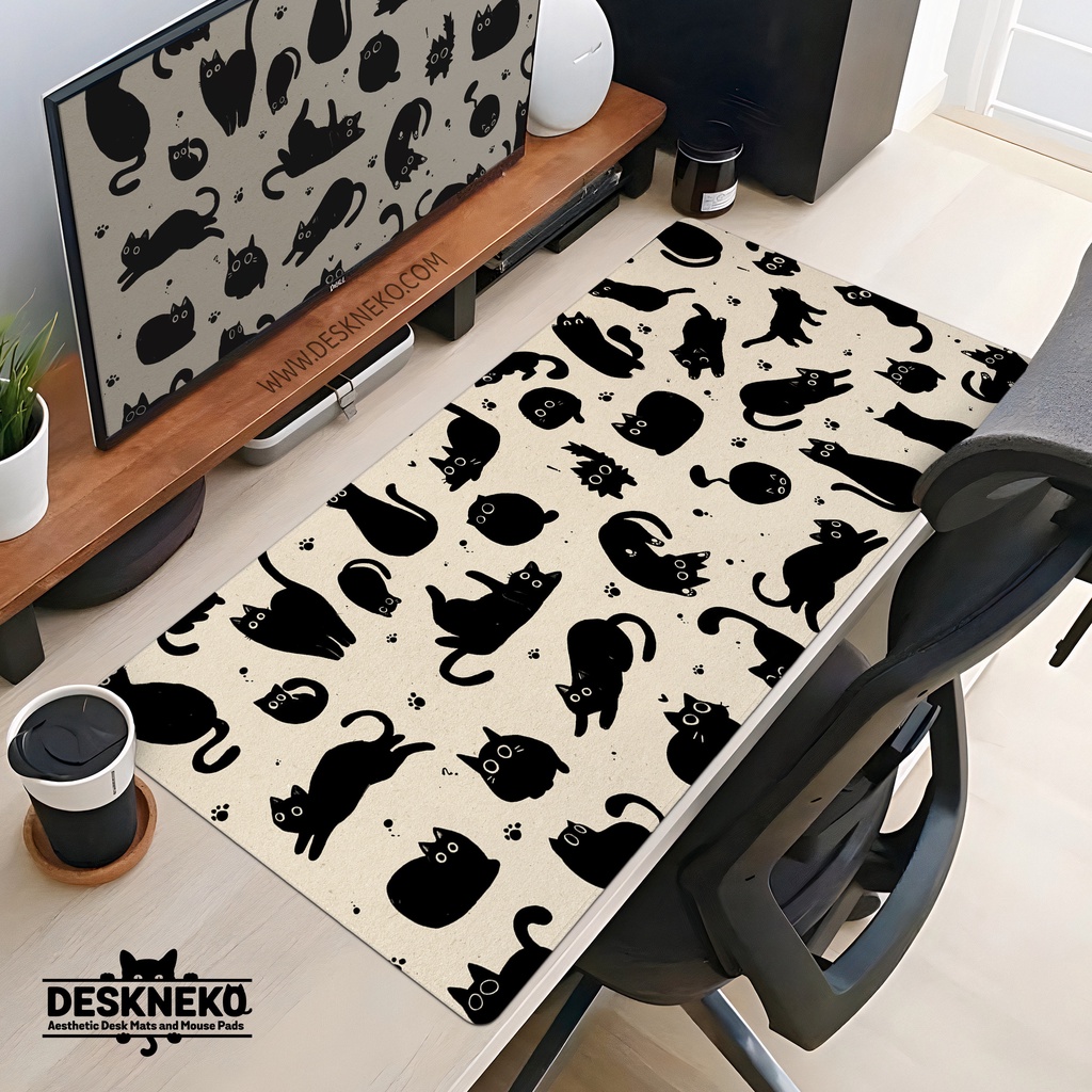 Cats Desk Mat cute, Black on Beige Mouse Pad, Extra large table ...