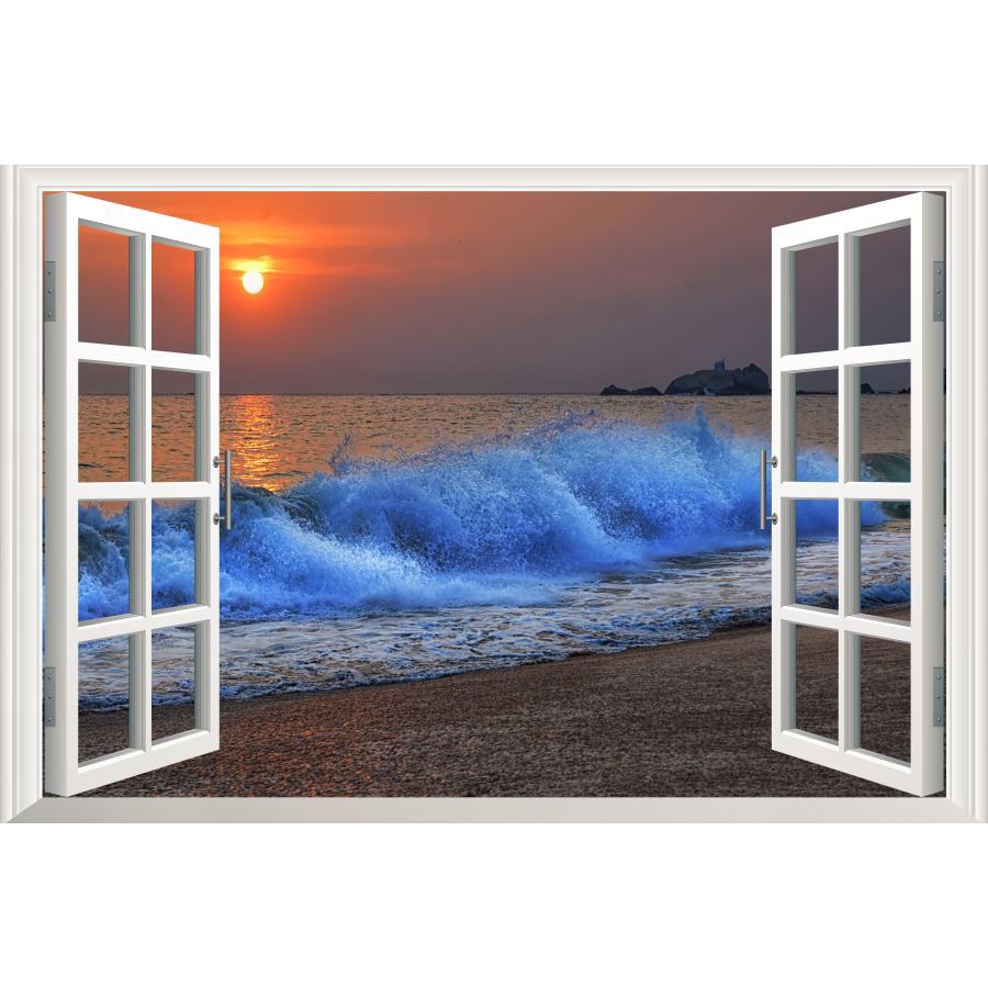 Seaside scenery 3D Window View Sticker Wall Art Vinyl Decal Summer ...