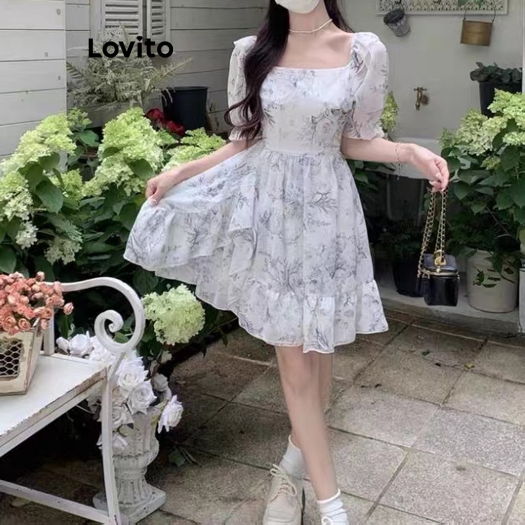 Lovito Women Lettuce Trim Puff Sleeve Dress Lne19047 (White) | Shopee ...
