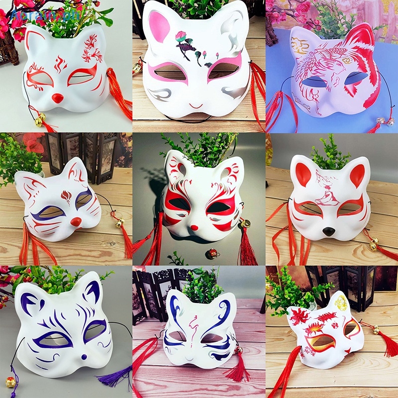 # Halloween Mask # Japanese Hand-Painted Half Face Fox Kitsune Mask ...