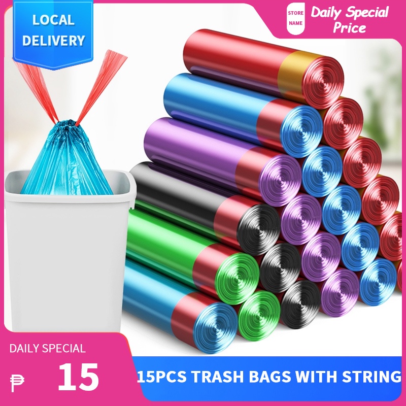1Roll=15Pcs Trash Bags with Strings Thickened Garbage Bag with Handle ...