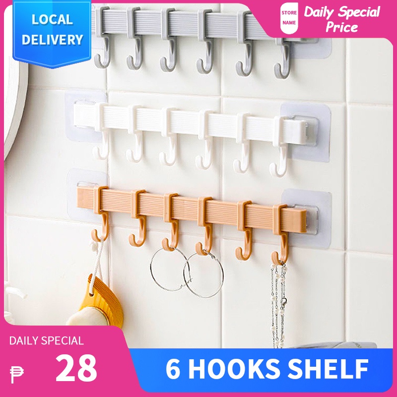 Traceless 6 Hooks Storage Shelf Wall Mounted Kitchen Organizer Hanging ...