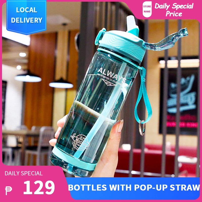 800ML Large Capacity Portable Water Bottles Pop-up with Straw and Scale for Sports Gym Carry ...