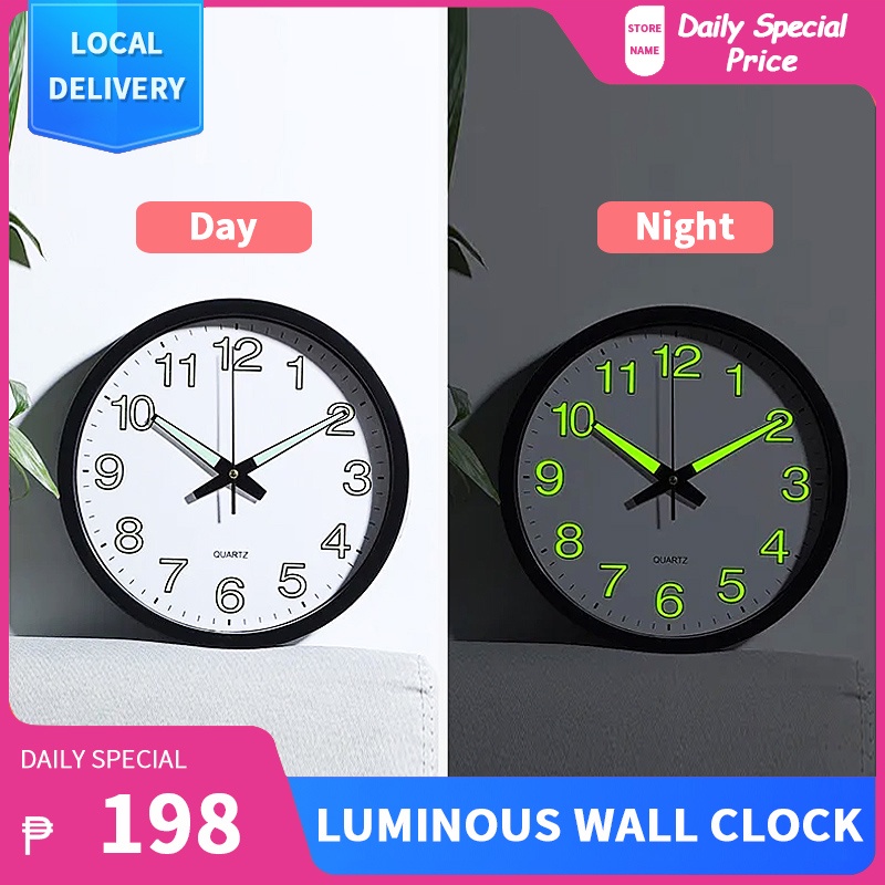 12" Luminous Wall Clock Glow In The Dark with Night Light Big Size 8 ...