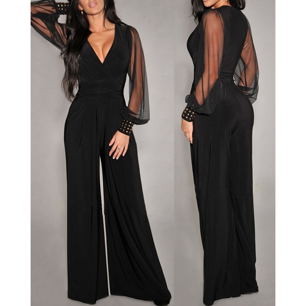 Elegant Women Sheer Mesh Lantern Sleeve Rivet Design Wide Leg Jumpsuit ...
