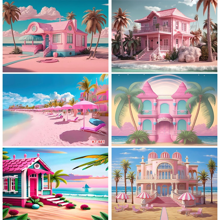 Barbie Doll Beach Digital Backdrop Beach Umbrella and Mansions Ferris ...
